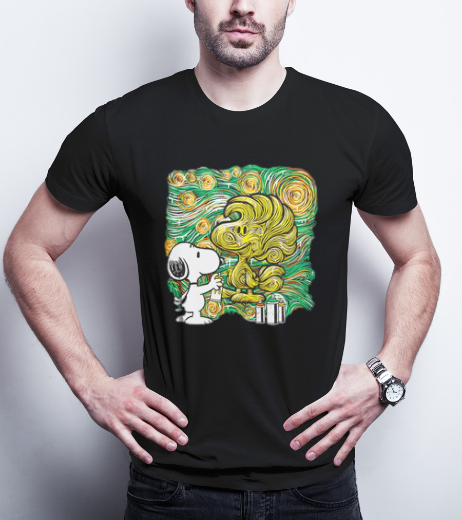 Peanuts Snoopy Spray Painting Woodstock In Starry Night Graffiti T-Shirt