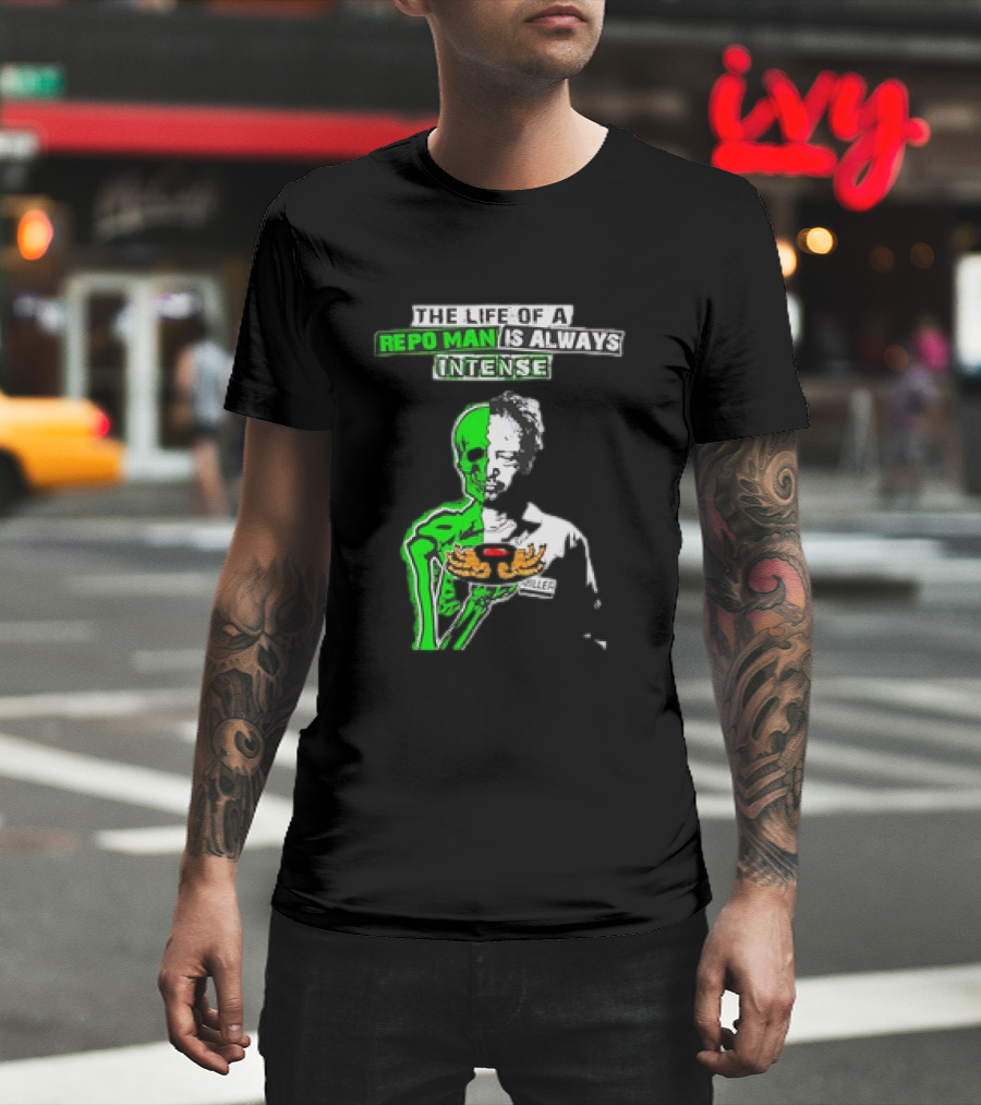 The Life Of A Repo Man Is Always Intense Skull Duality Neon Green Skeleton Black Hat Grim Reaper Delivery Pizza Box Killer T-Shirt