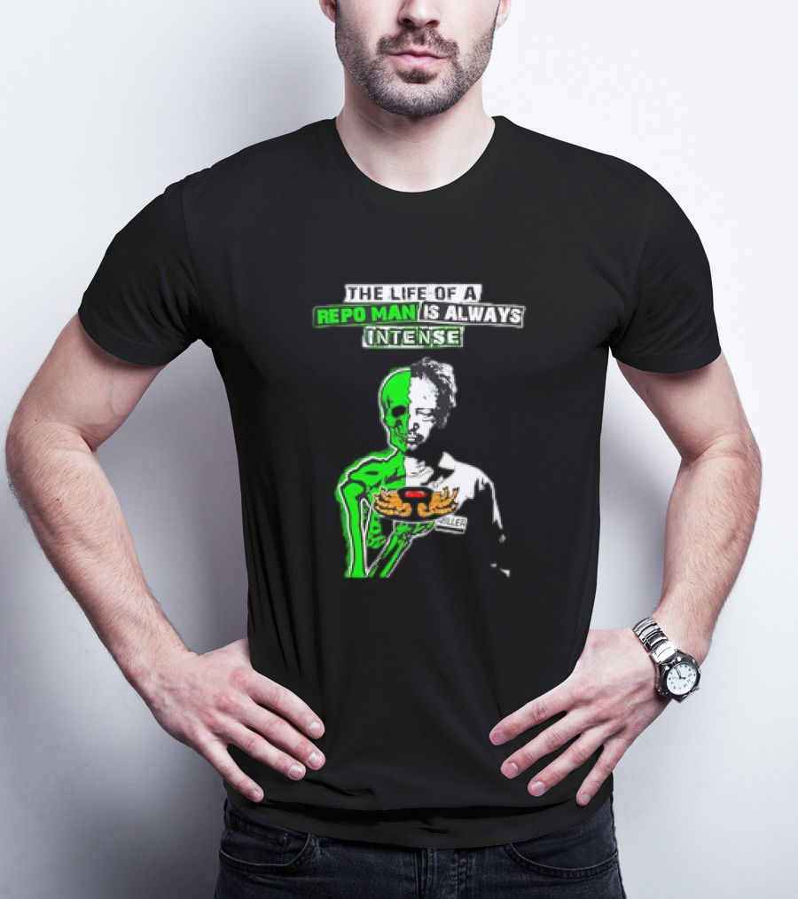 The Life Of A Repo Man Is Always Intense Skull Duality Neon Green Skeleton Black Hat Grim Reaper Delivery Pizza Box Killer T-Shirt