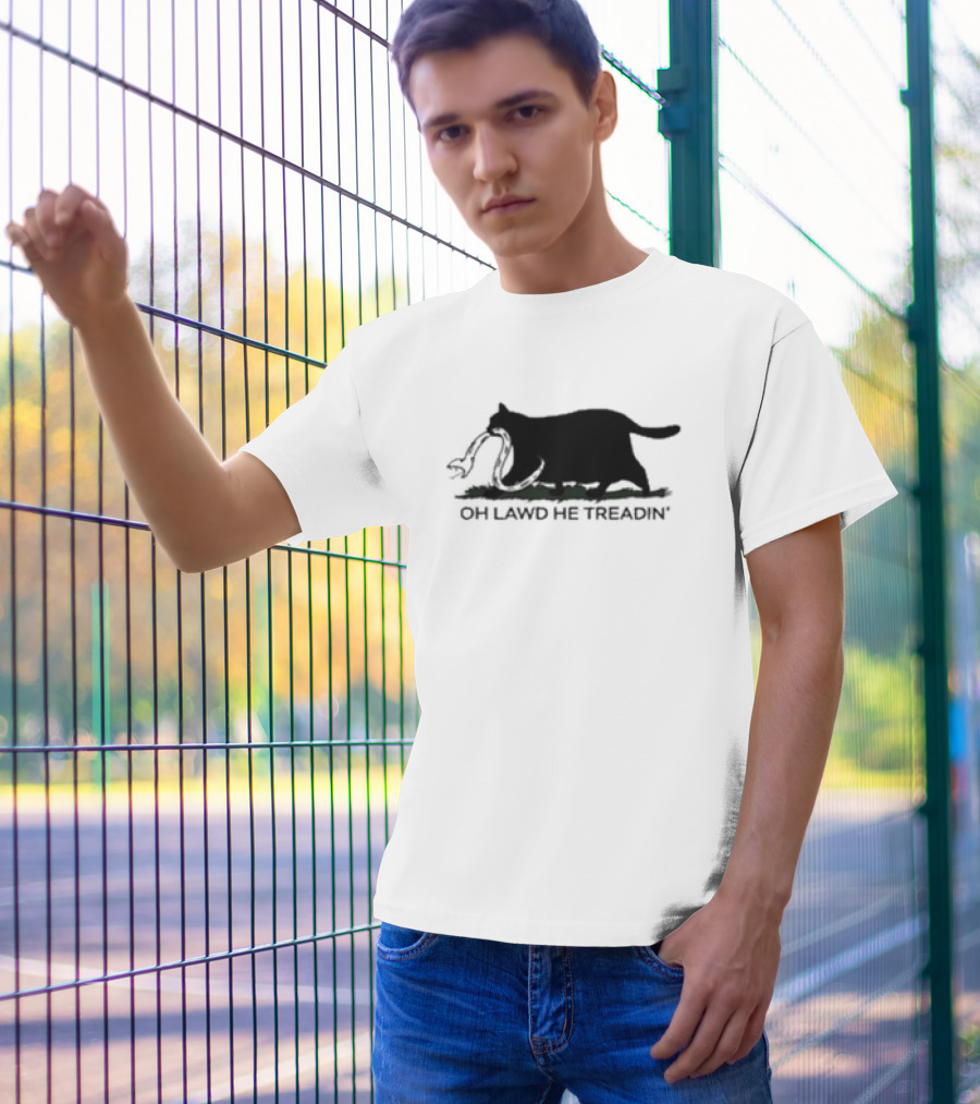Oh Lawd He Treadin' Cat Silhouette Biting Snake T-Shirt