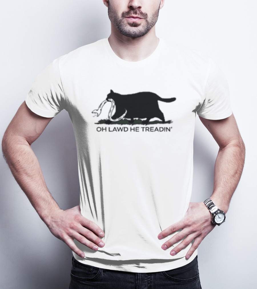 Oh Lawd He Treadin' Cat Silhouette Biting Snake T-Shirt