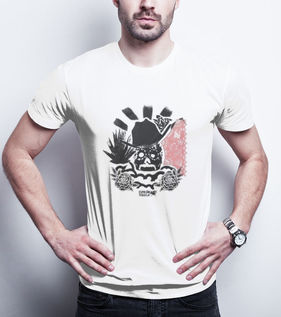 Los Espíritus Espolon Tequila Skull With Agave And Floral Elements T-Shirt
