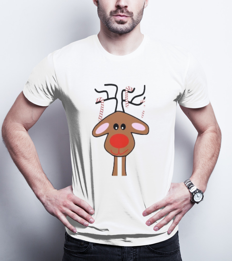 Red Nose Christmas Reindeer With Candy Cane Antlers T-Shirt