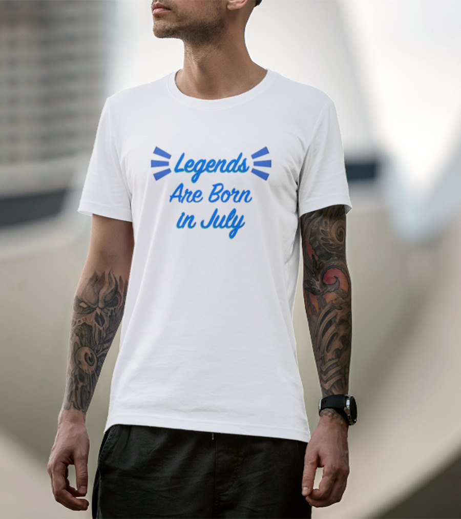 Legends Are Born In July Blue Lettering Burst T-Shirt
