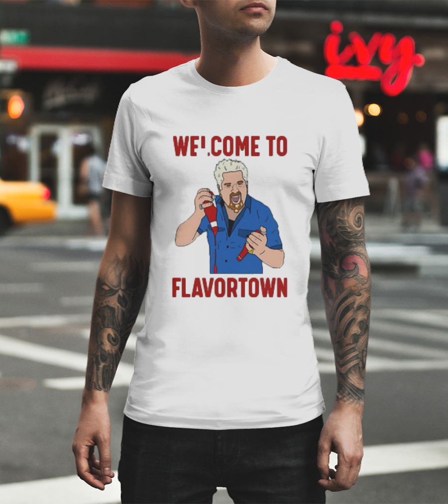 WECOME TO FLAVORTOWN Flavortown Guy Character Cartoon Blue Shirt Red Bottles T-Shirt