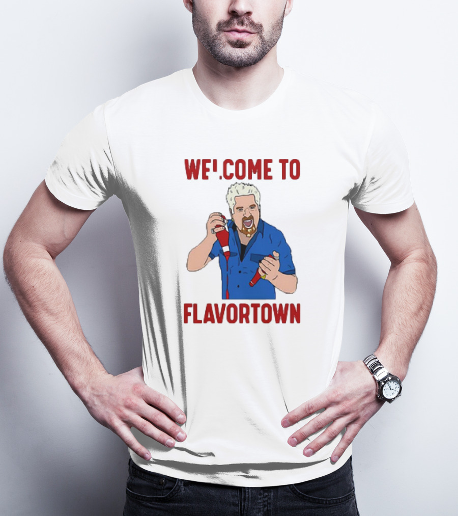 WECOME TO FLAVORTOWN Flavortown Guy Character Cartoon Blue Shirt Red Bottles T-Shirt
