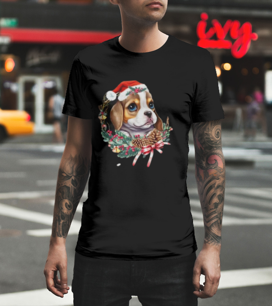 Christmas Beagle With Santa Hat And Holiday Wreath T-Shirt