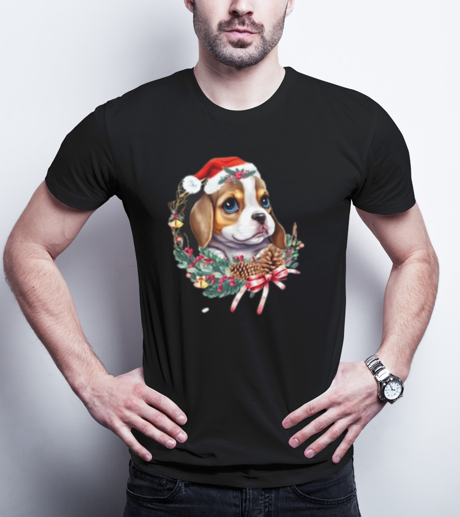Christmas Beagle With Santa Hat And Holiday Wreath T-Shirt
