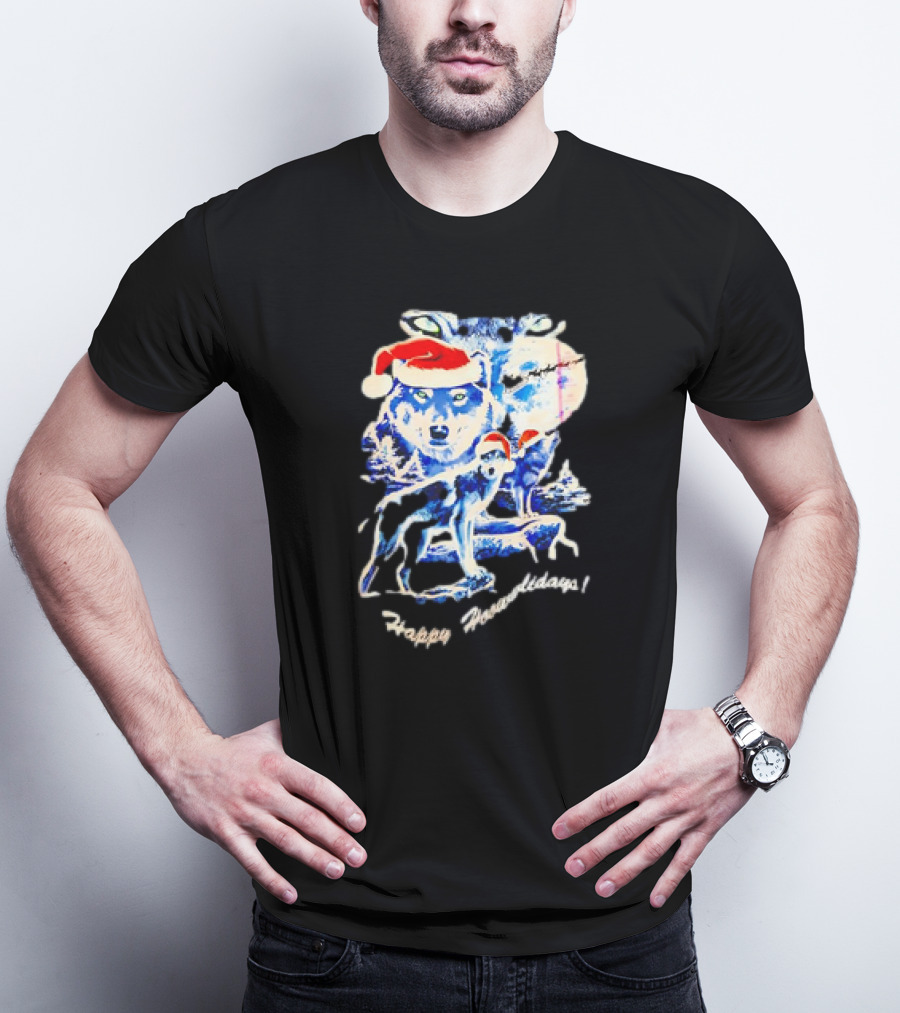 Happy Howlidays Wolves Santa Hats Christmas T-Shirt