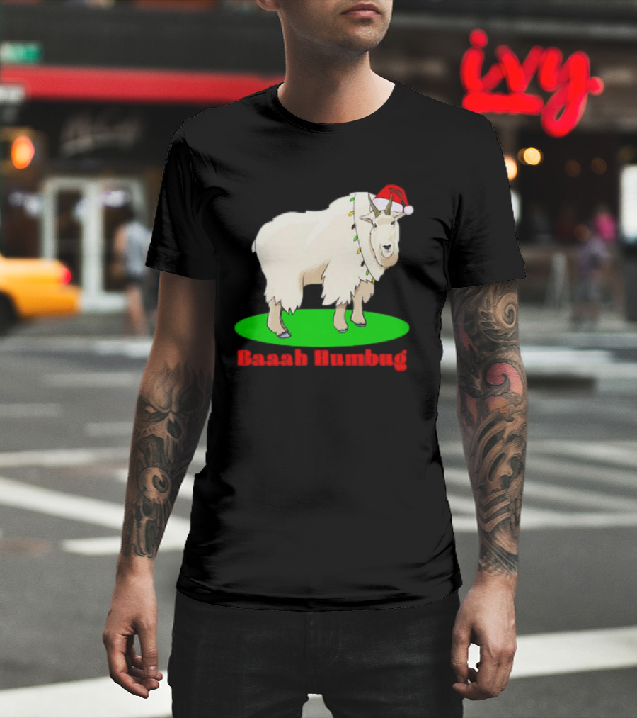 Baaah Humbug Goat With Santa Hat Holiday Lights T-Shirt