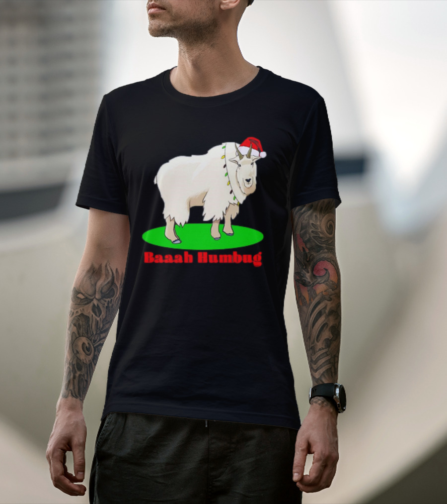 Baaah Humbug Goat With Santa Hat Holiday Lights T-Shirt