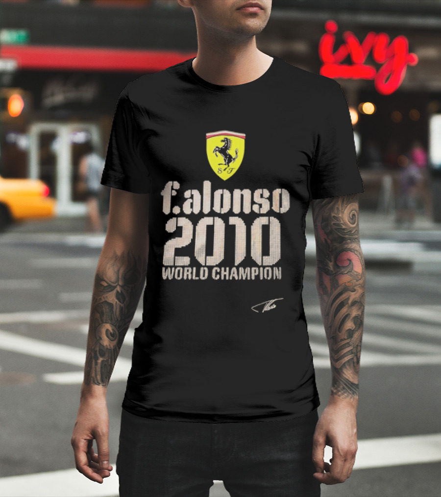Ferrari F Alonso 2010 World Champion Vintage Logo Yellow Horse Badge T-Shirt