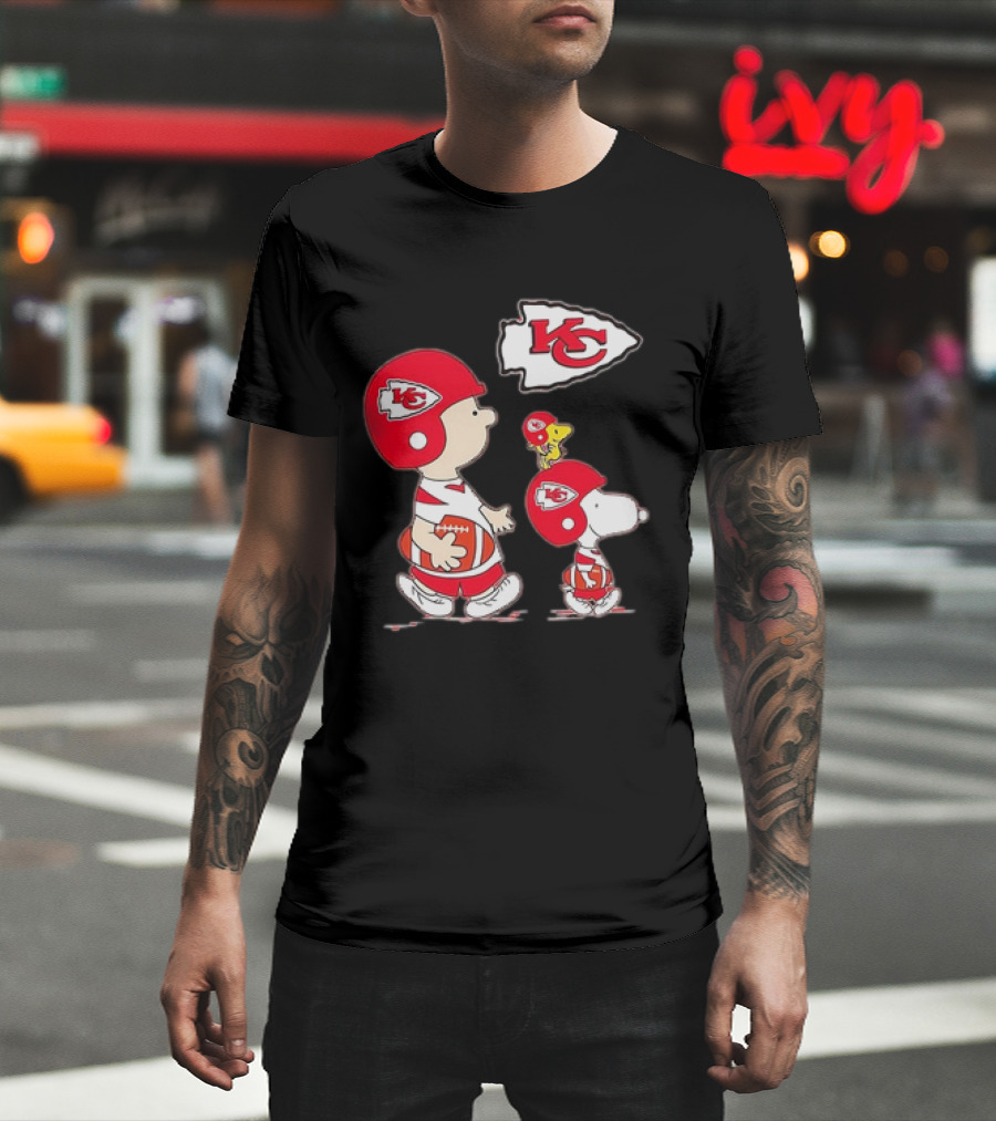 Peanuts Characters In Kansas City Chiefs Football Gear With KC T-Shirt