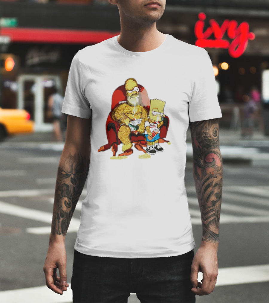 Homer Simpson Bart Simpson Gangster Smoking Money Sitting Chair T-Shirt