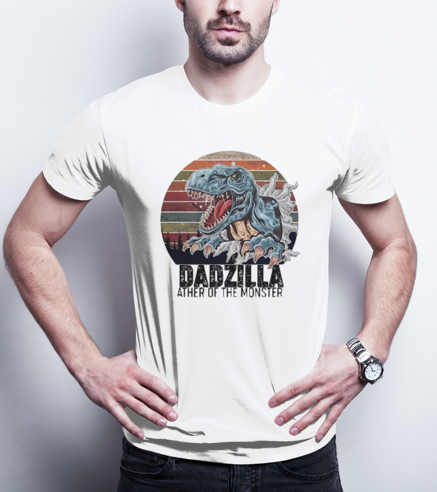 Dadzilla Ather Of The Monster Vintage Dinosaur Retro Stripes T-Shirt
