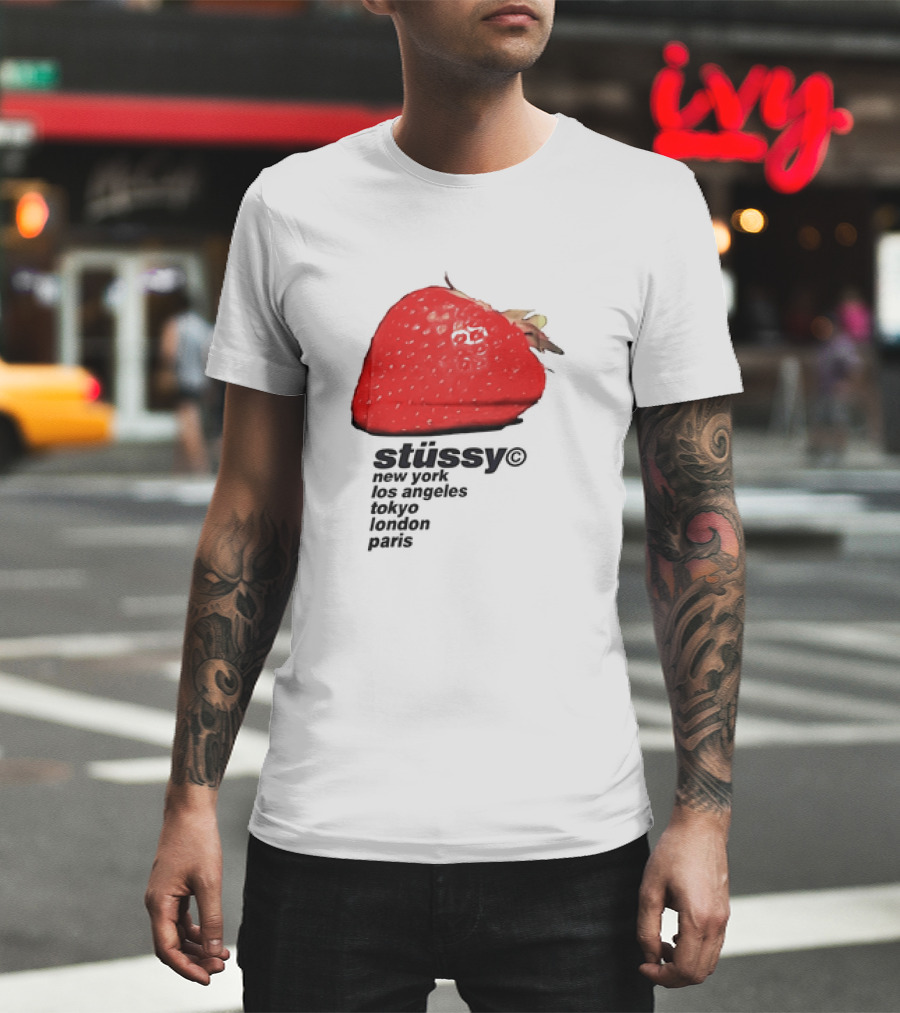 Stussy Strawberry Design New York Los Angeles Tokyo London Paris T-Shirt