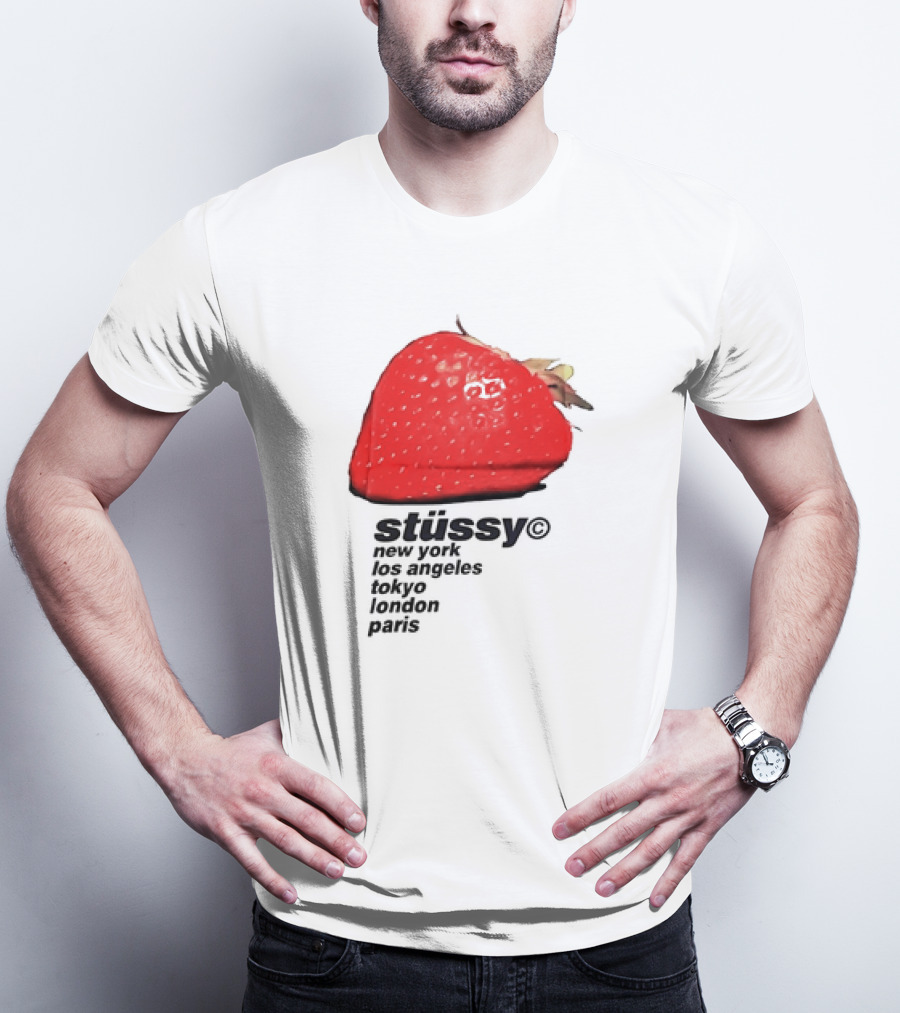 Stussy Strawberry Design New York Los Angeles Tokyo London Paris T-Shirt