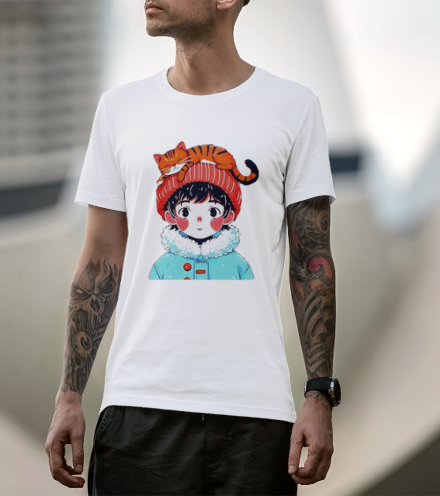 Cute Anime Child In Winter Coat With Adorable Cat Hat T-Shirt