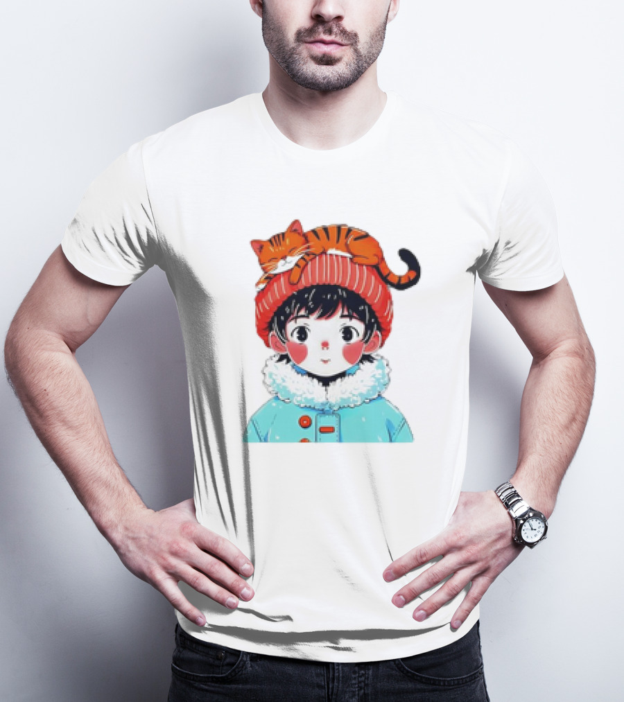 Cute Anime Child In Winter Coat With Adorable Cat Hat T-Shirt