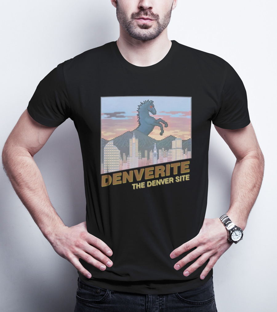Denverite The Denver Site City Skyline And Rearing Blue Mustang T-Shirt