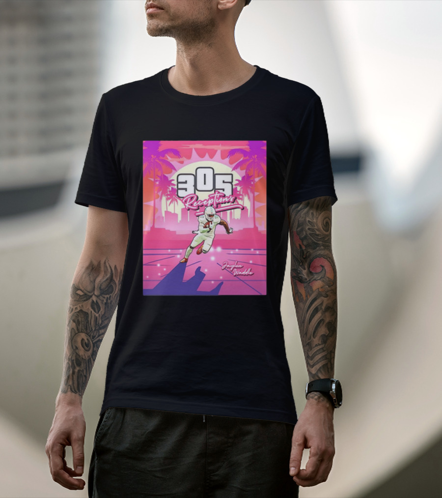 Jaylen Waddle 305 Receptions Miami Dolphins Tropical Sunset Scene T-Shirt