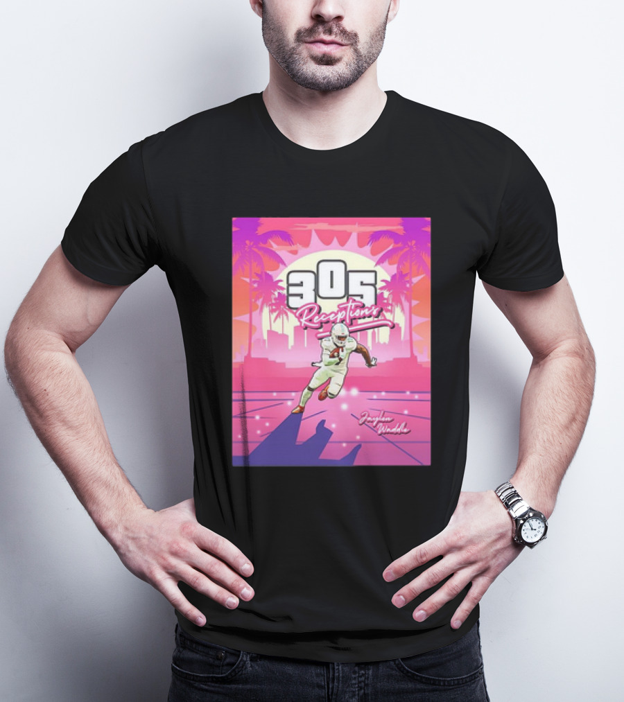 Jaylen Waddle 305 Receptions Miami Dolphins Tropical Sunset Scene T-Shirt