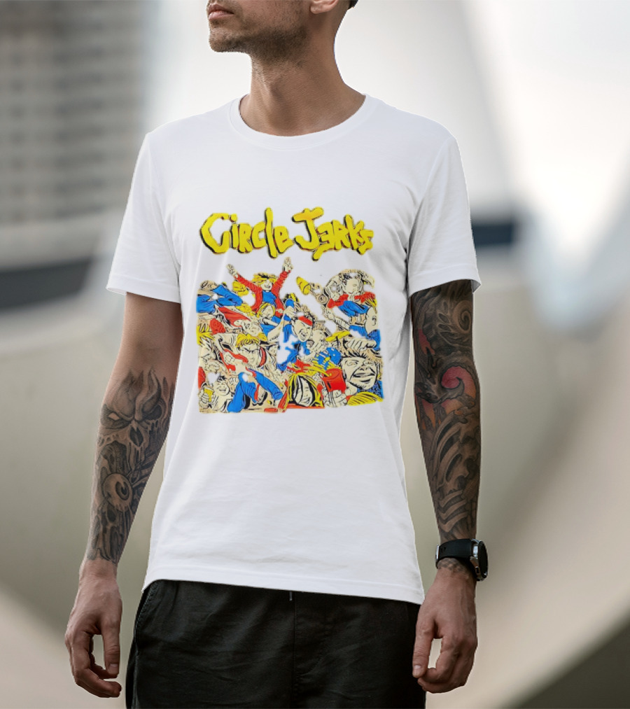 Circle Jerks Cartoon Energetic Crowd Scene With Vibrant Characters T-Shirt