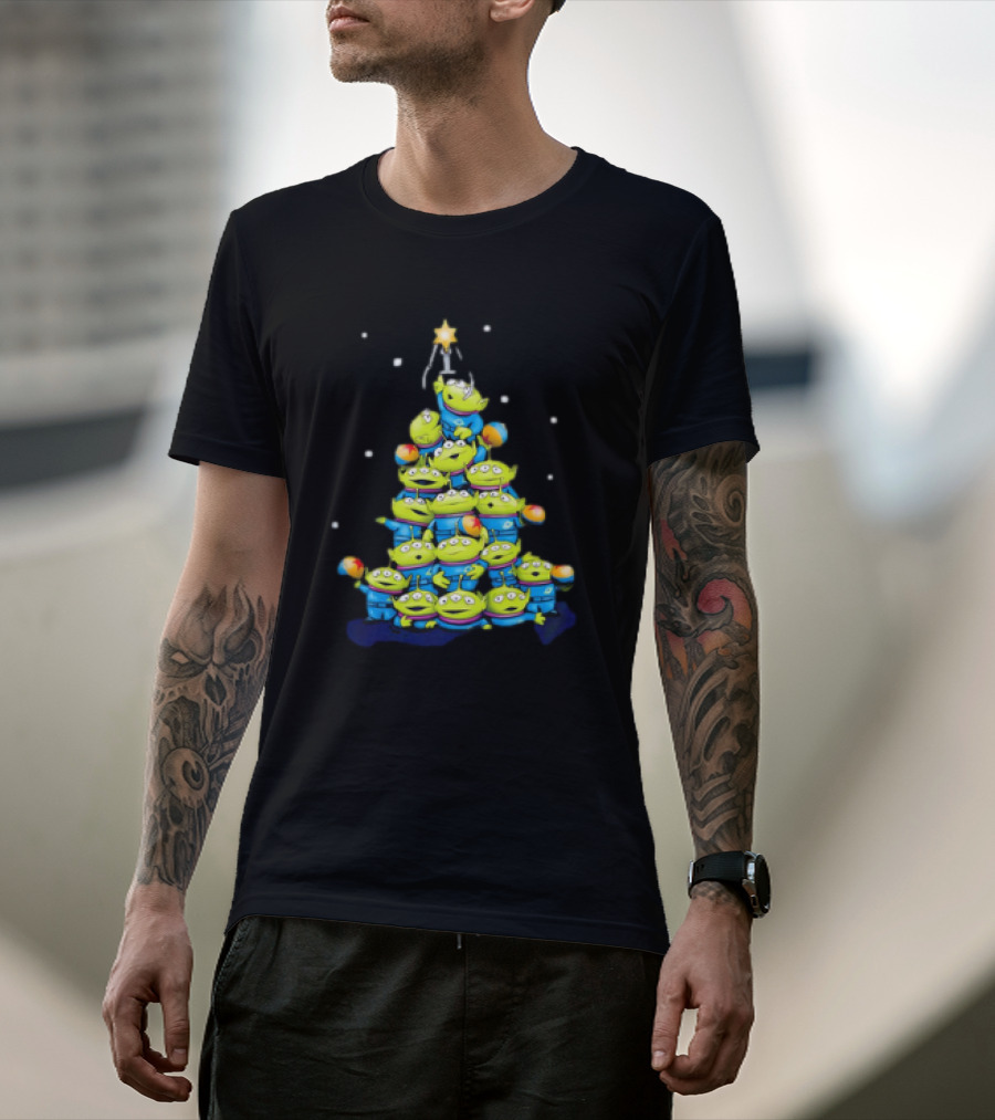 Aliens From Toy Story Forming Christmas Tree Tower With Star And Snowflakes T-Shirt