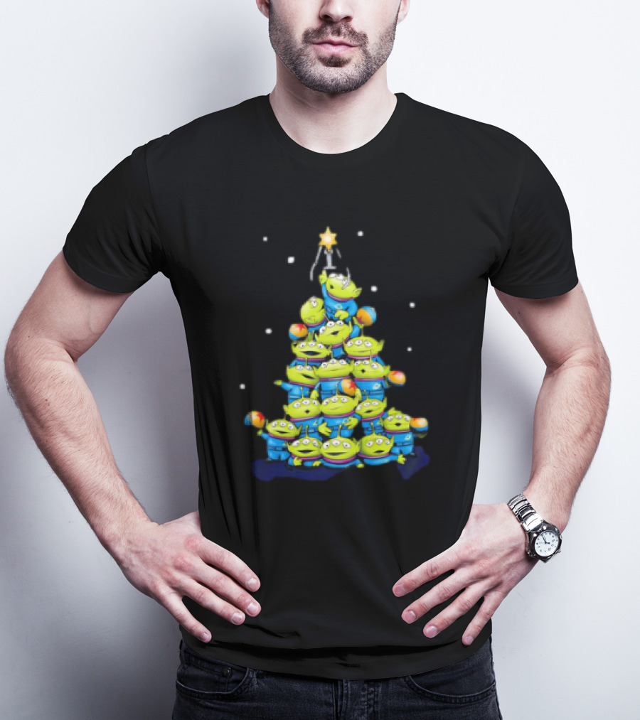 Aliens From Toy Story Forming Christmas Tree Tower With Star And Snowflakes T-Shirt
