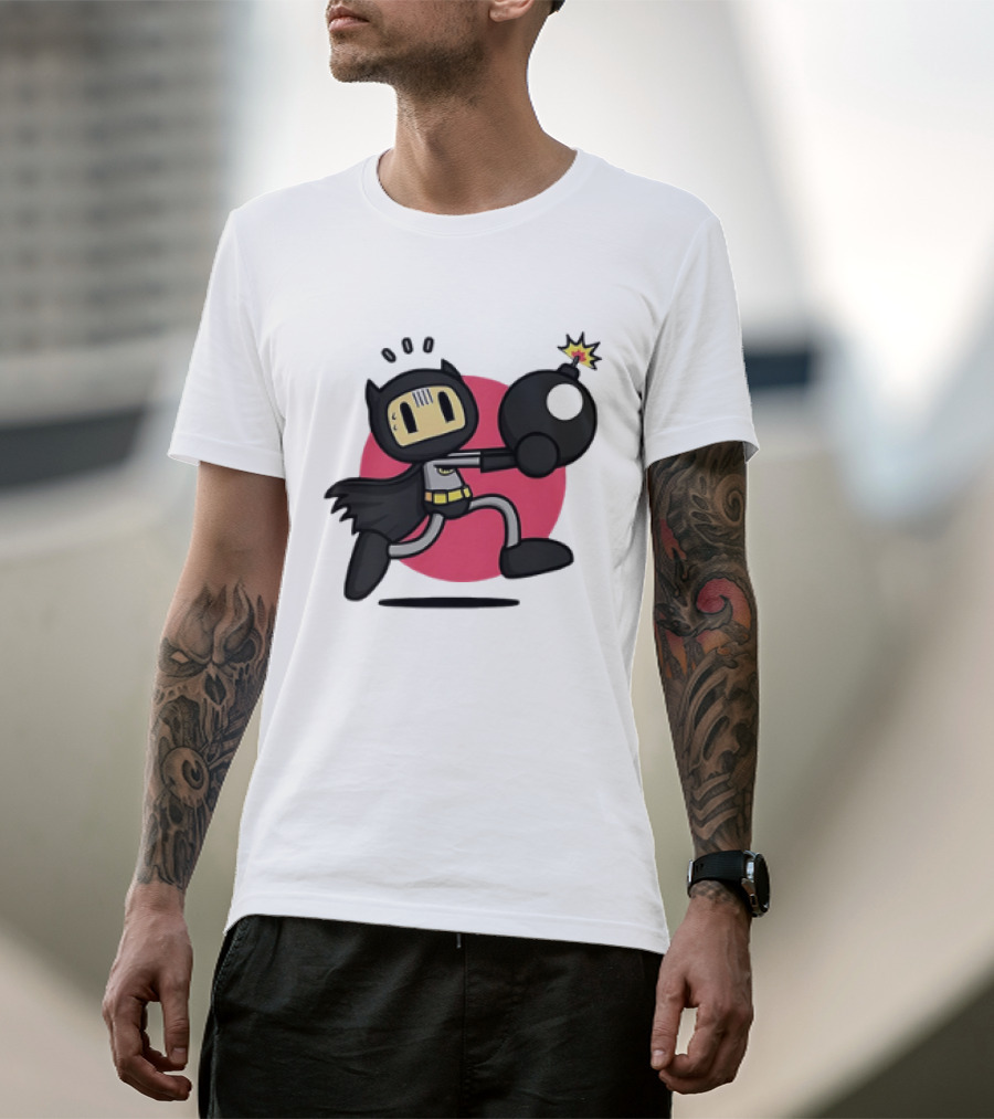 Batman Meets Bomberman Crossover With Iconic Superhero Cape And Explosive Action T-Shirt