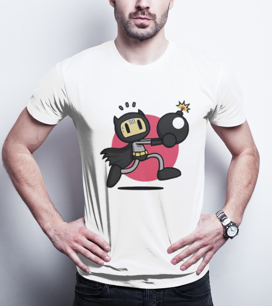 Batman Meets Bomberman Crossover With Iconic Superhero Cape And Explosive Action T-Shirt