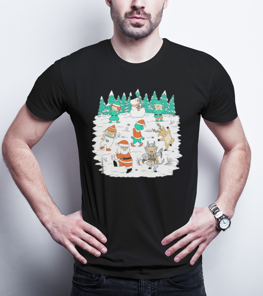 Christmas Dance Party With Santa, Krampus, Grinch, Snowman, And Reindeer In Winter Forest T-Shirt