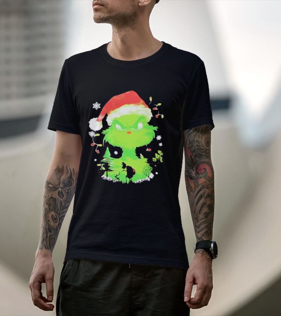 Grinch In Santa Hat Surrounded By Snowflakes And Christmas Lights T-Shirt