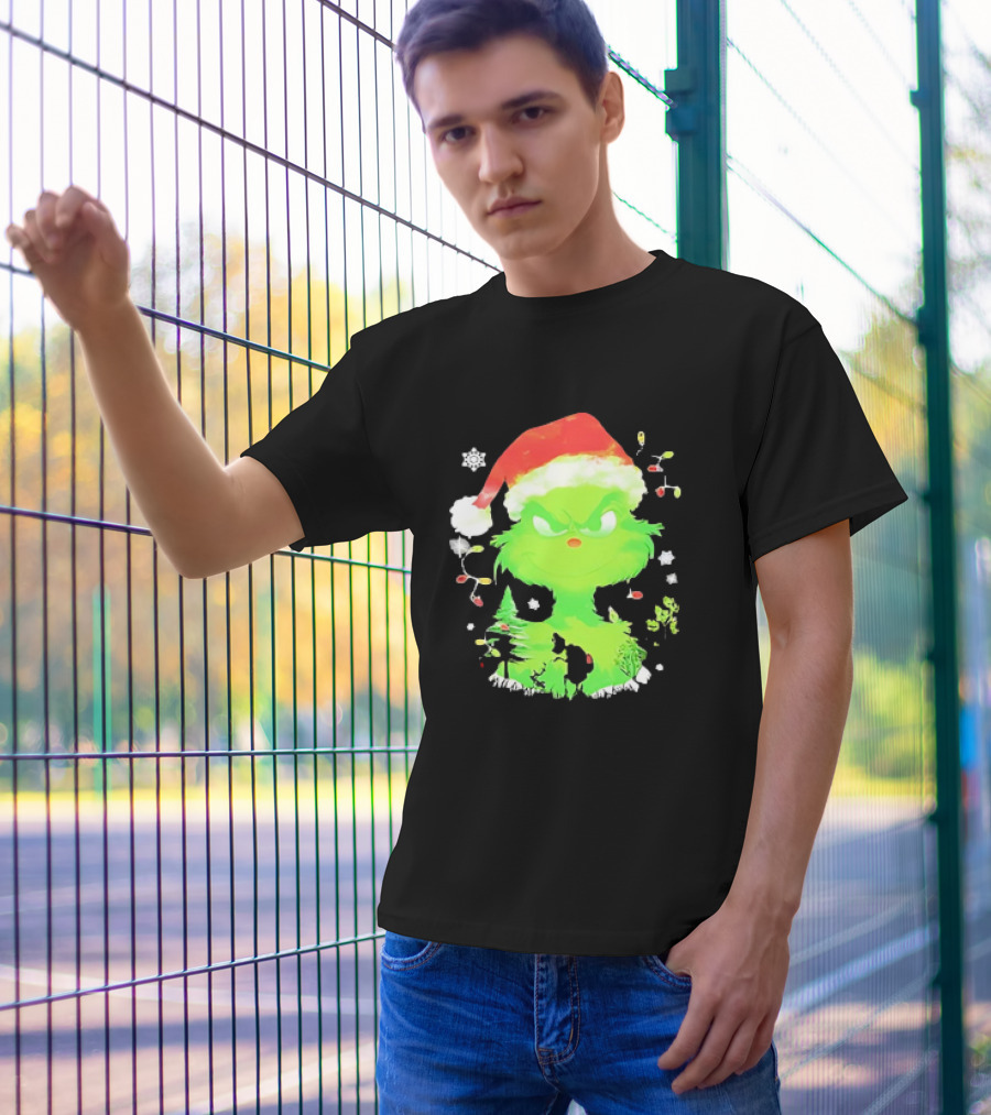 Grinch In Santa Hat Surrounded By Snowflakes And Christmas Lights T-Shirt