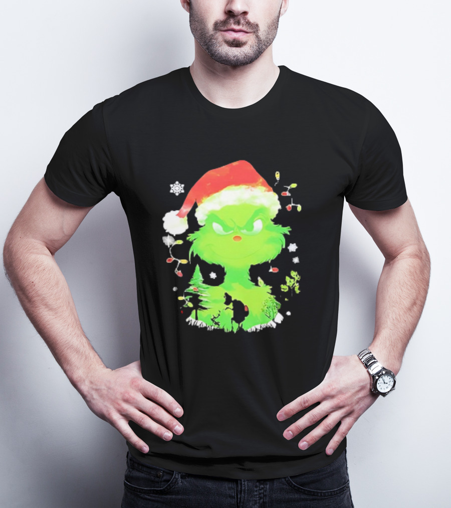 Grinch In Santa Hat Surrounded By Snowflakes And Christmas Lights T-Shirt