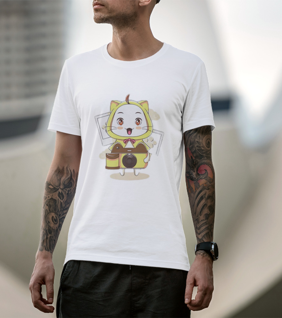 White Cat With Classic Camera Drawing T-Shirt