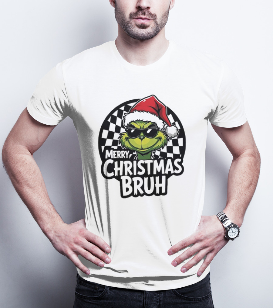 Merry Christmas Bruh Grinch With Santa Hat And Checkered Flags T-Shirt