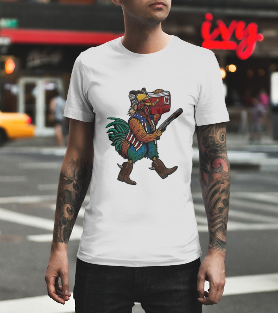 Merica Tacticock Chicken Patriotic Rooster With Beer Cooler And Shotgun T-Shirt
