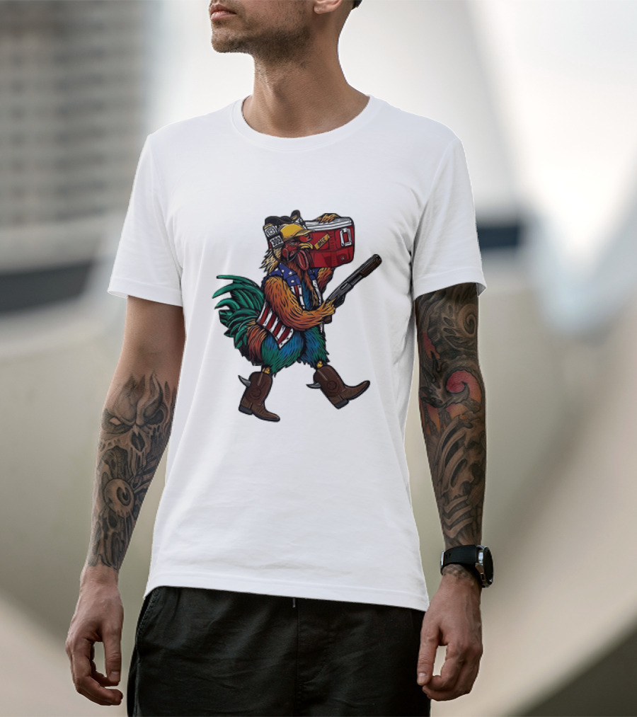 Merica Tacticock Chicken Patriotic Rooster With Beer Cooler And Shotgun T-Shirt