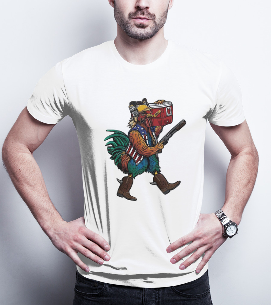 Merica Tacticock Chicken Patriotic Rooster With Beer Cooler And Shotgun T-Shirt