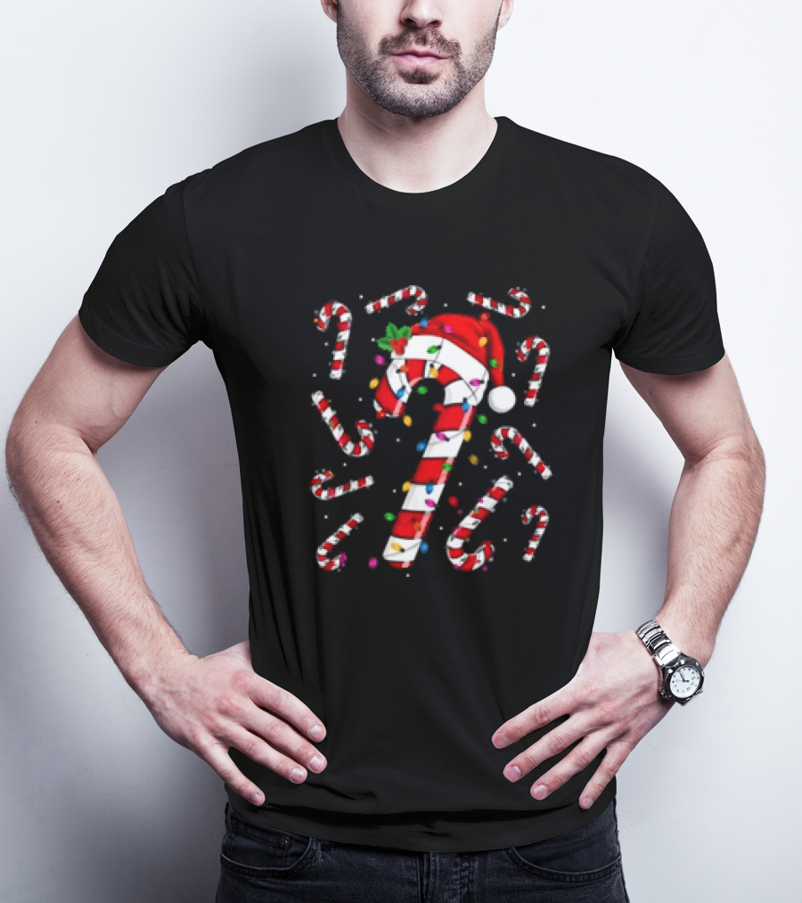 Santa Hat Red And White Candy Cane With Colorful Christmas Lights T-Shirt
