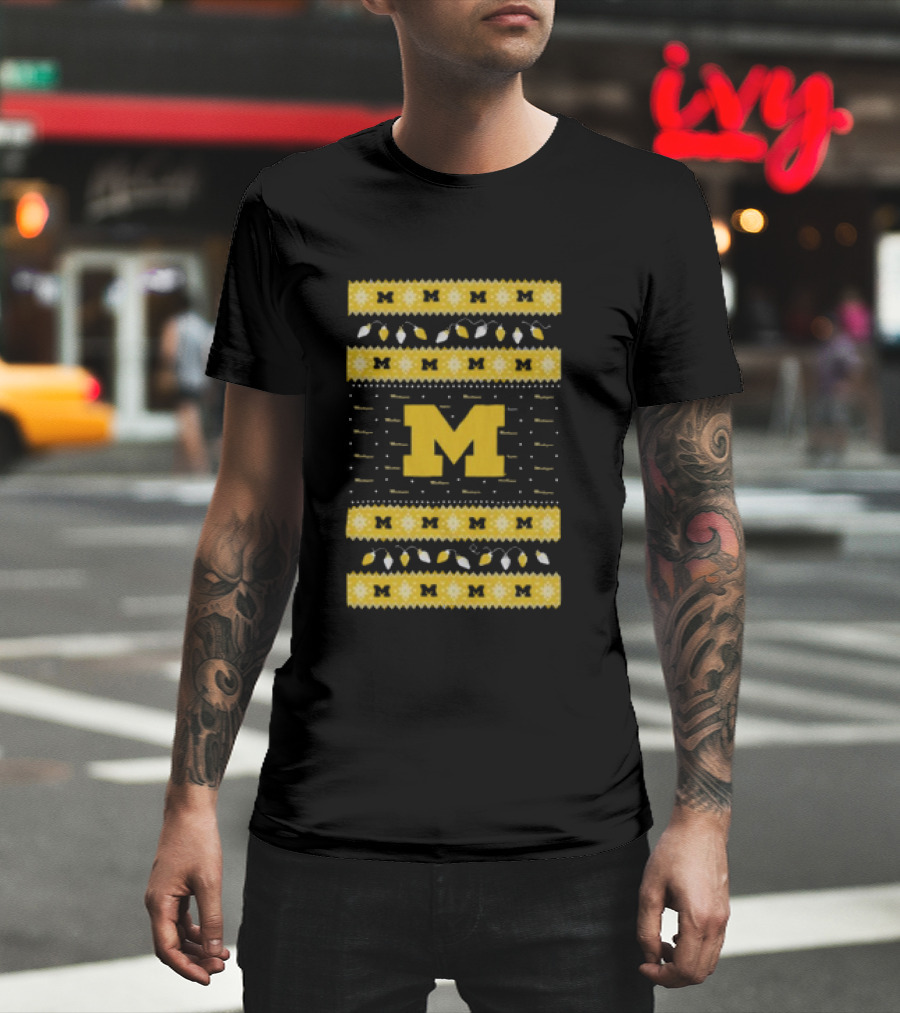 Michigan Wolverines Ugly Christmas Sweater Lights T-Shirt