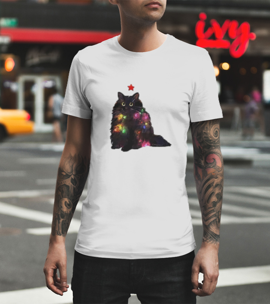 Black Cat Wrapped In Colorful Christmas Lights With Red Star T-Shirt