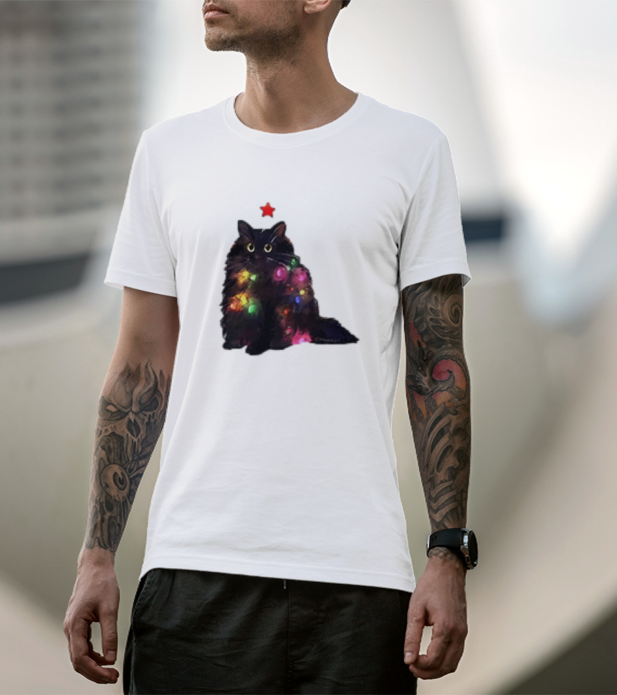 Black Cat Wrapped In Colorful Christmas Lights With Red Star T-Shirt