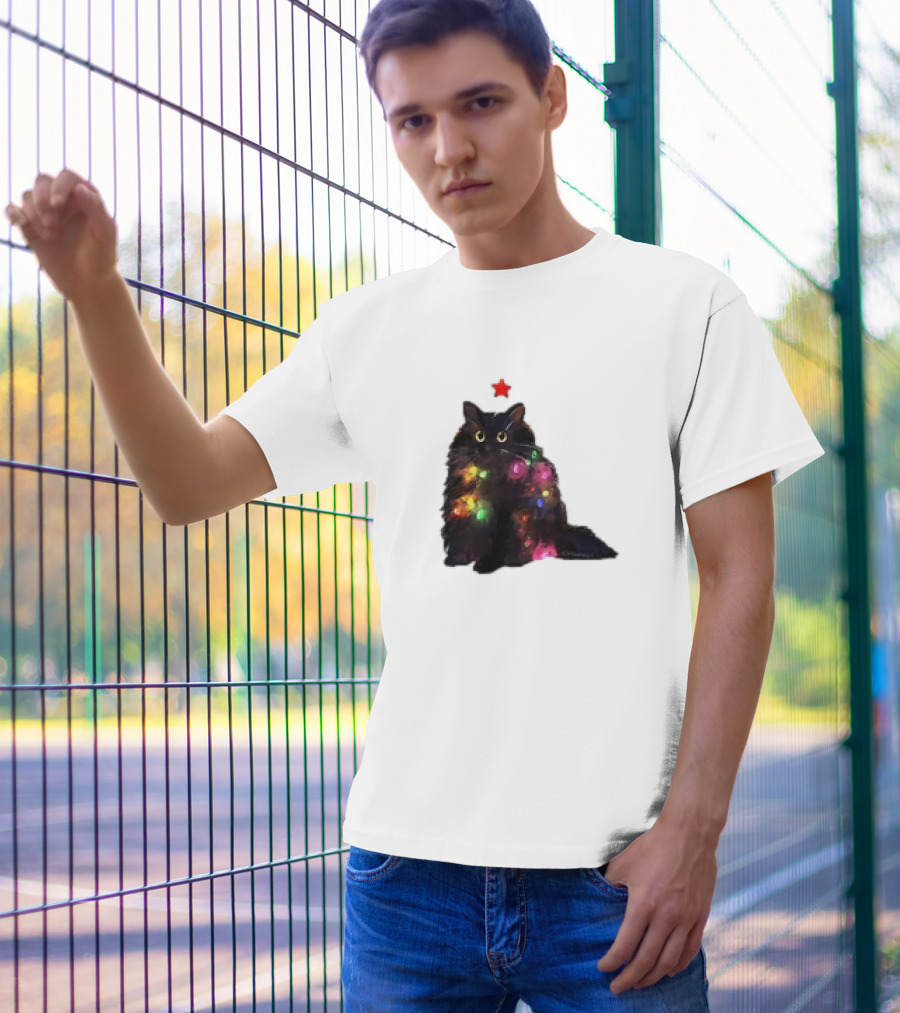 Black Cat Wrapped In Colorful Christmas Lights With Red Star T-Shirt