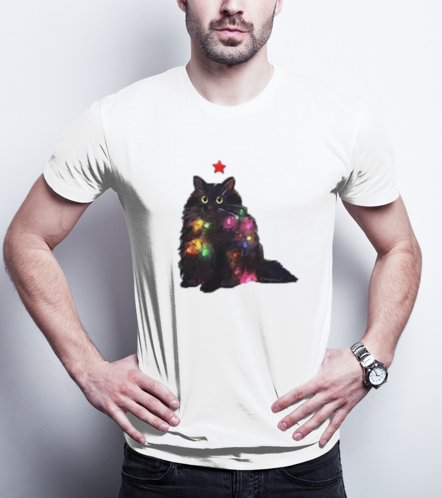 Black Cat Wrapped In Colorful Christmas Lights With Red Star T-Shirt