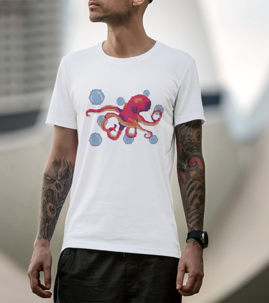 Octopus Swimming Through Blue Bubbles Pixel T-Shirt