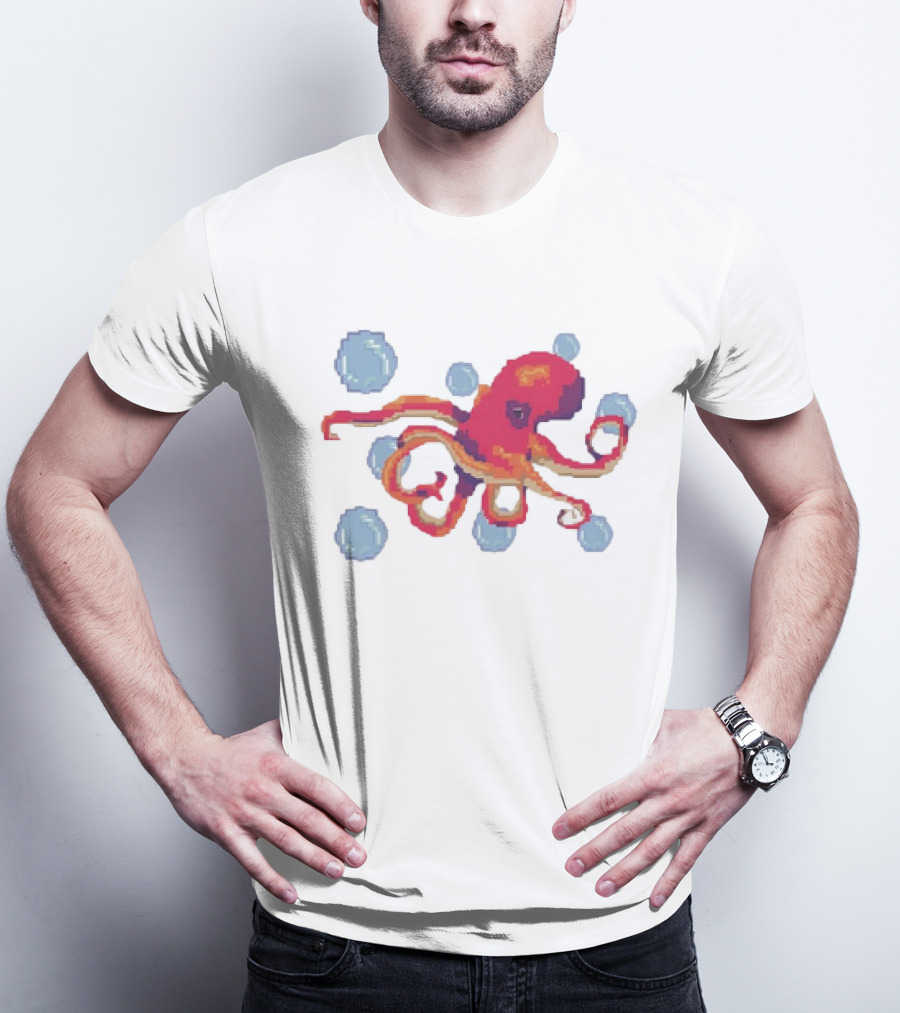 Octopus Swimming Through Blue Bubbles Pixel T-Shirt