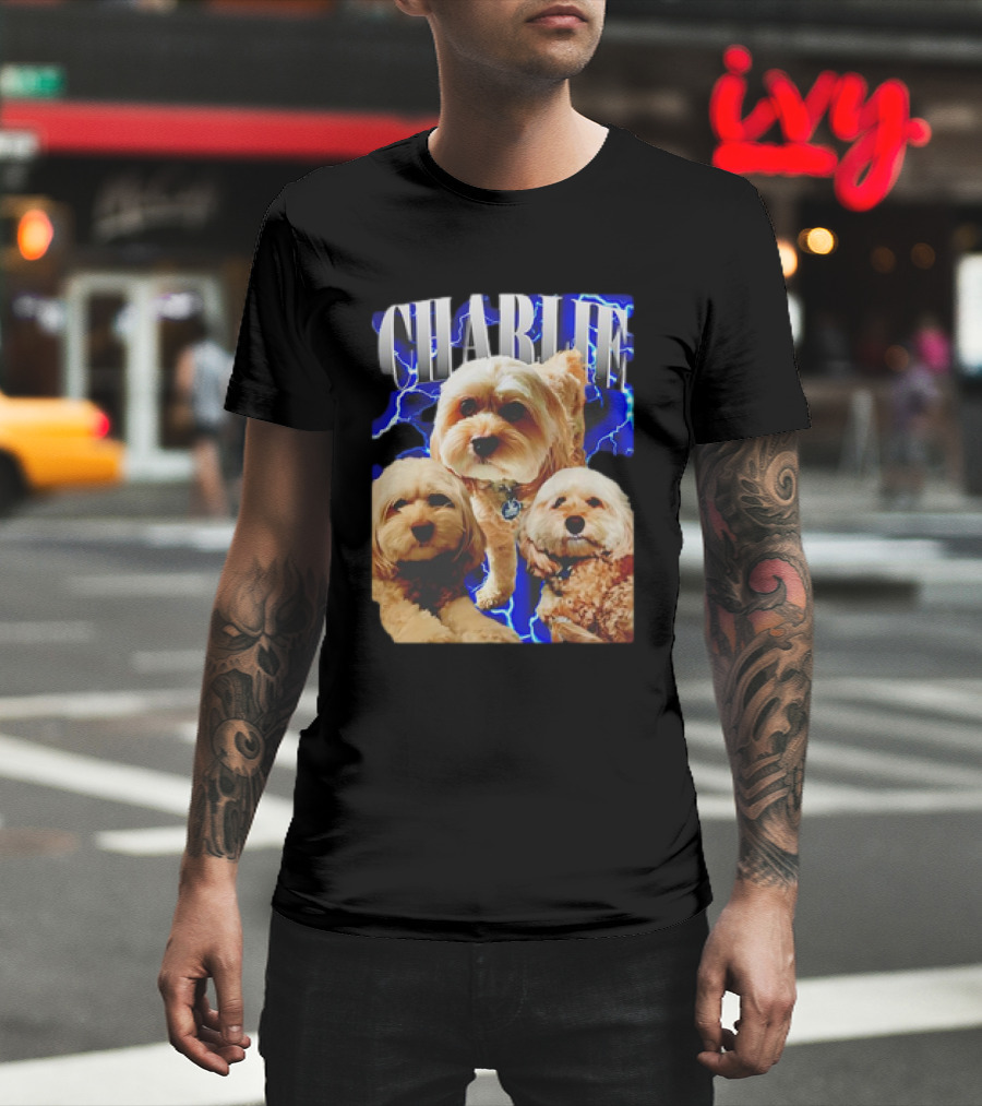Charlie Three Dogs Blue Lightning Background T-Shirt