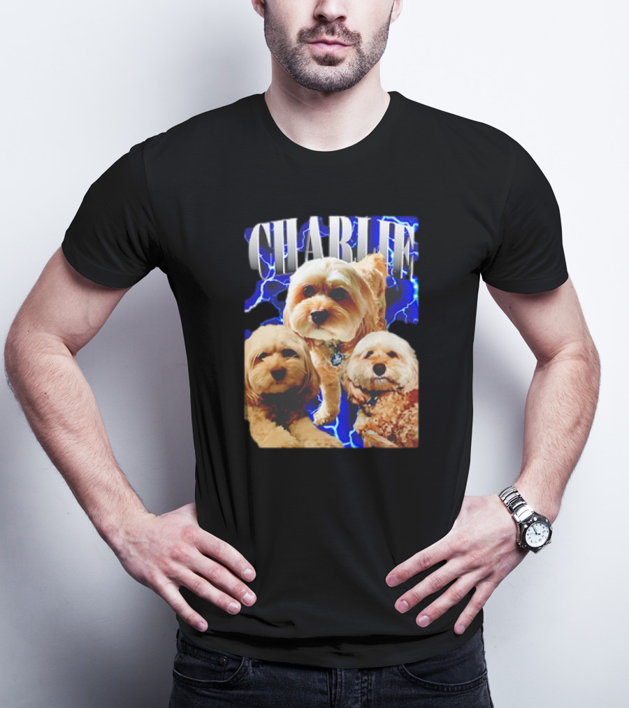 Charlie Three Dogs Blue Lightning Background T-Shirt